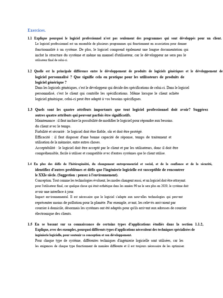 Ingénierie Logicielle. Sommerville. Exercices Chapitre 1 | PDF ...