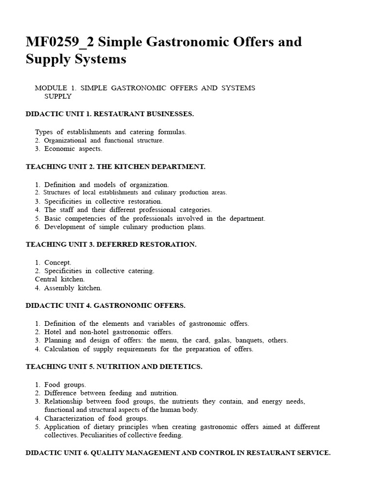 Mf0259 2 Simple Gastronomic Offers and Supply Systems | PDF | Dietitian ...