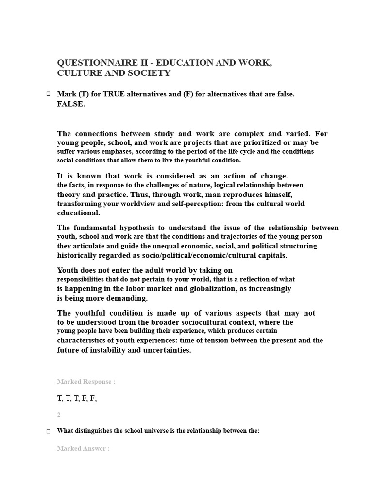 Questionnaire Ii - Education and Work, Culture and Society | PDF ...