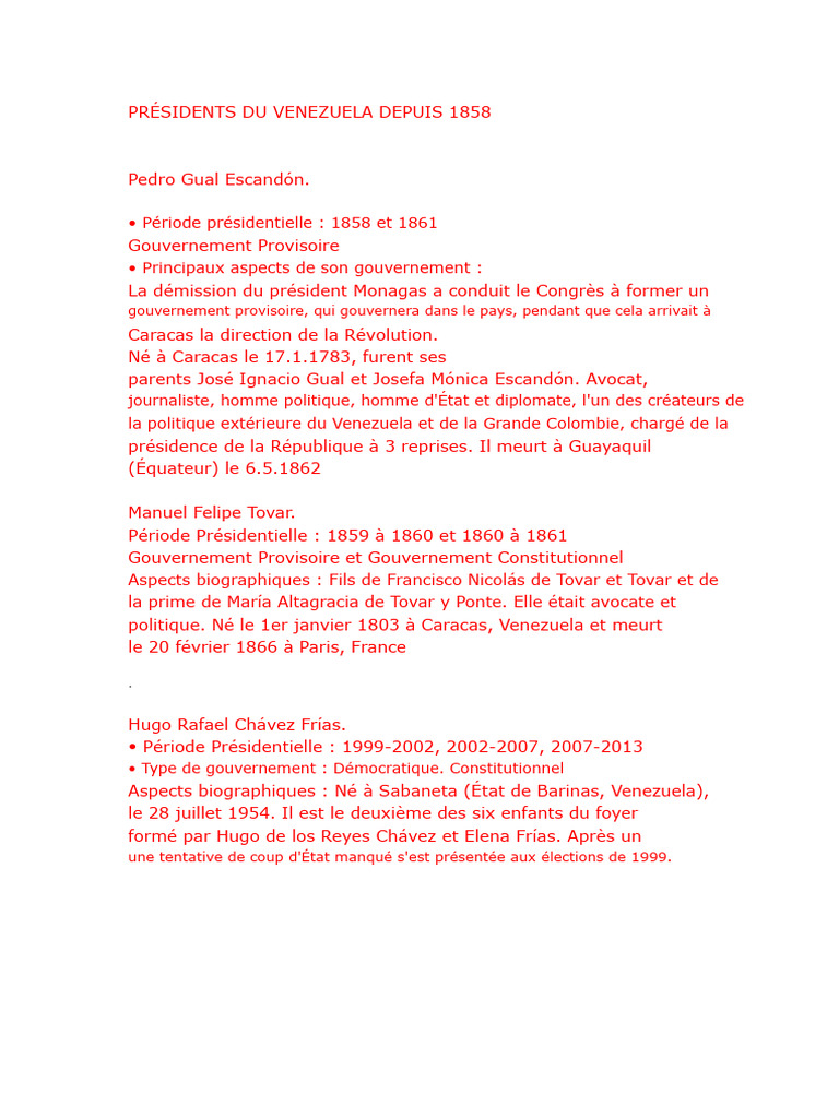 Présidents Du Venezuela Depuis 1858 | PDF