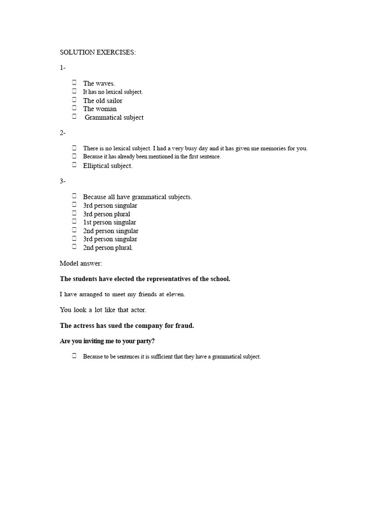 Solution Exercises Lexical Grammatical Subject | PDF