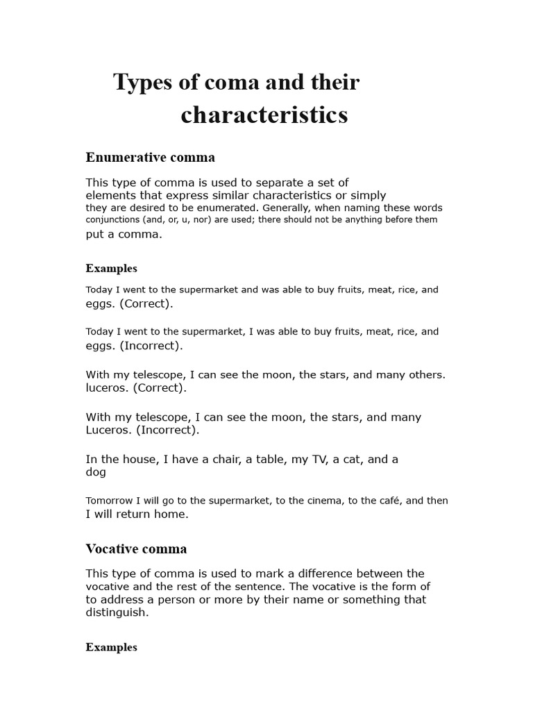Types of Coma and Their Characteristics | PDF | Comma | Syntax