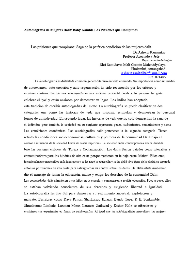 Autobiografía de Baby Kamble: Mujeres Dalit | PDF | Dalit