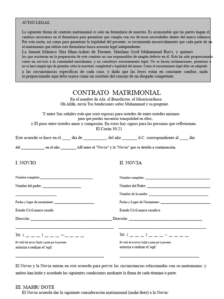 Contrato Matrimonial Islamico PDF | PDF | Matrimonio | Esposa