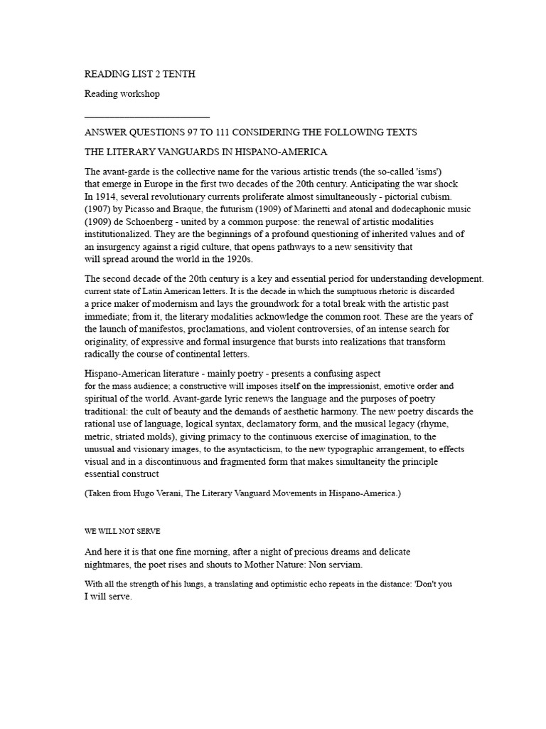 Vanguardism Reading Comprehension | PDF | Latin American Literature ...