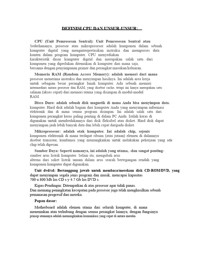 DEFINISI CPU DAN UNSUR UNSURNYA Tema 2 | PDF