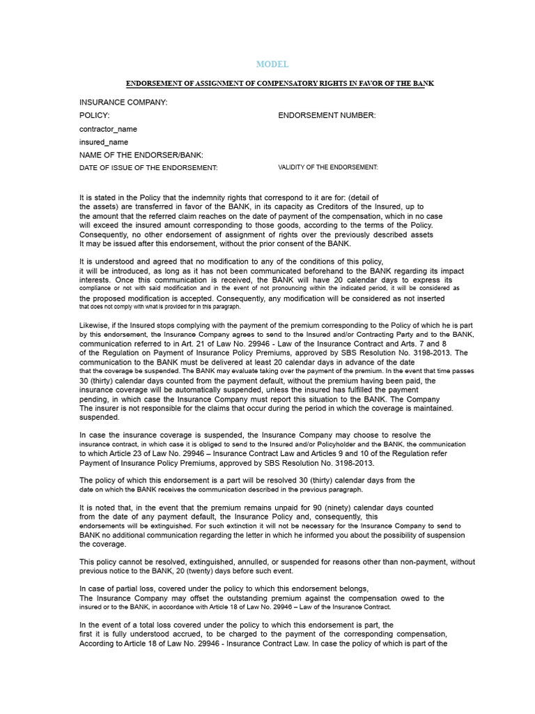 Assignment of Compensatory Rights Endorsement | PDF | Insurance | Indemnity