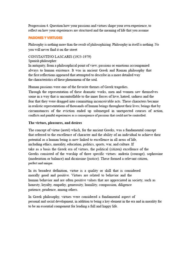Progression 4 Passions and Vices Notes | PDF | Plato | Virtue
