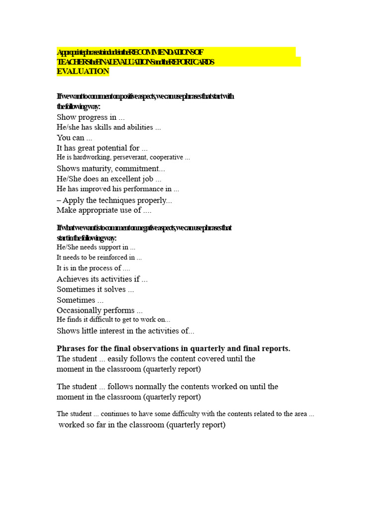 Teacher Evaluation Phrases Guide | PDF | Social Psychology ...