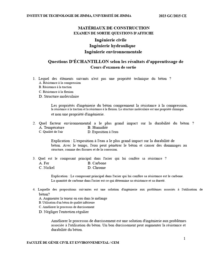 Questions d'examen sur les matériaux de construction | PDF | Béton | Ciment