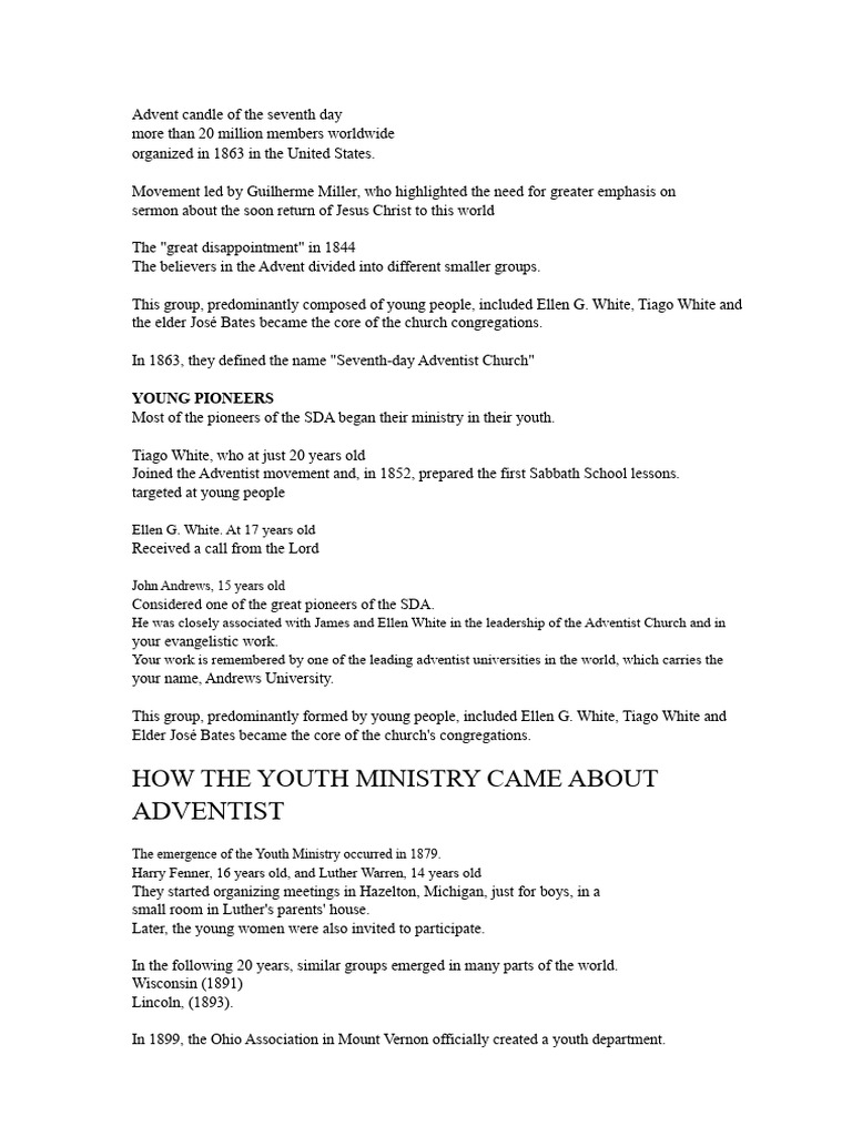 History of The Youth Ministry | PDF | Seventh Day Adventist Church ...