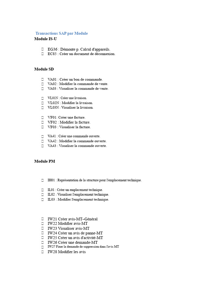 Transactions SAP par Module et Fonction | PDF | Fichier informatique ...