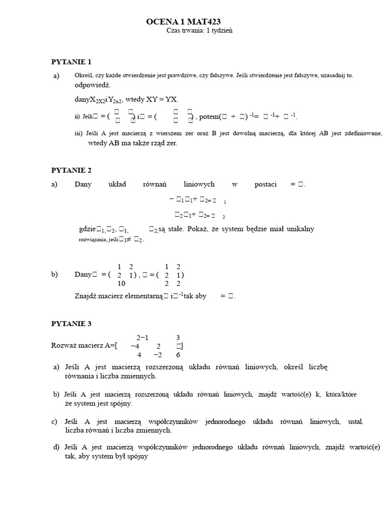 Ocena 1 Mat423. Sem Oct22-Lut23 | PDF