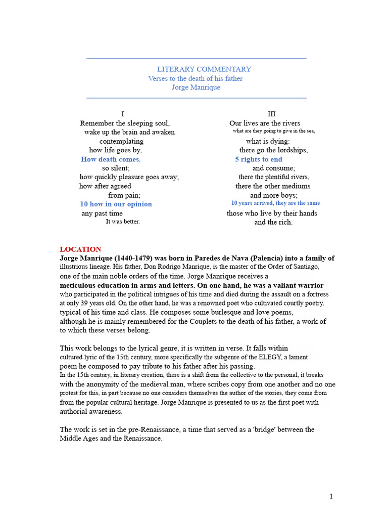 Literary Commentary on "Coplas a la Muerte de Su Padre" by Jorge ...