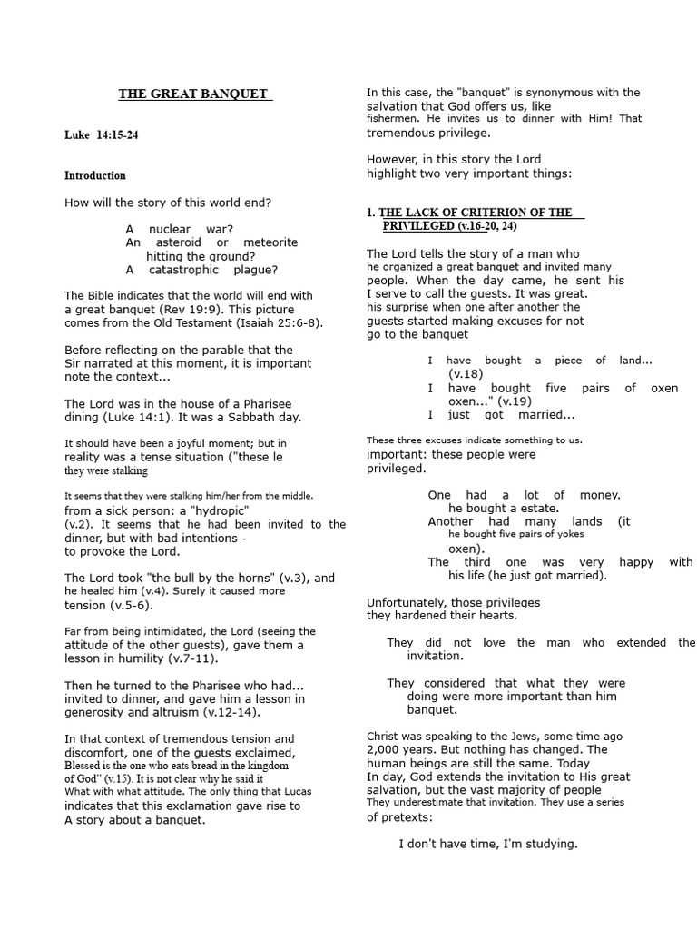 The Great Banquet (Luke 14:15-24) | PDF | Gospel Of Luke | Jesus