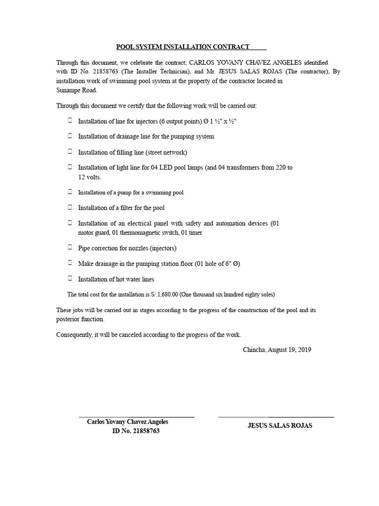 Swimming Pool System Installation Contract Template | PDF