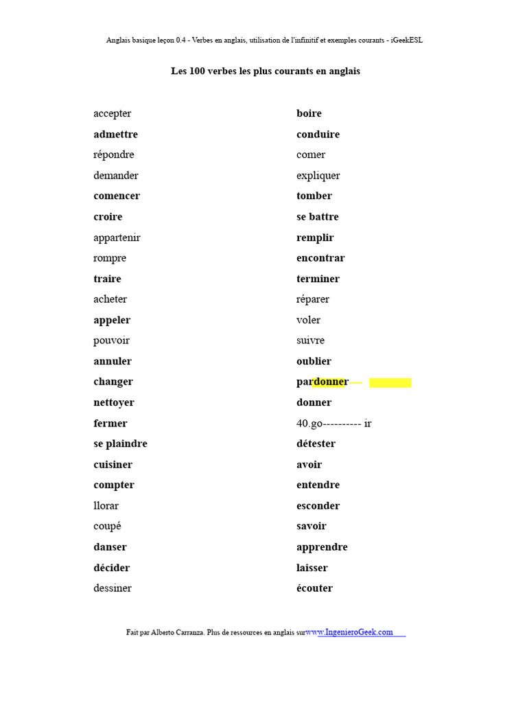 Verbes de base en anglais : leçon 0.4 | PDF | Verbe