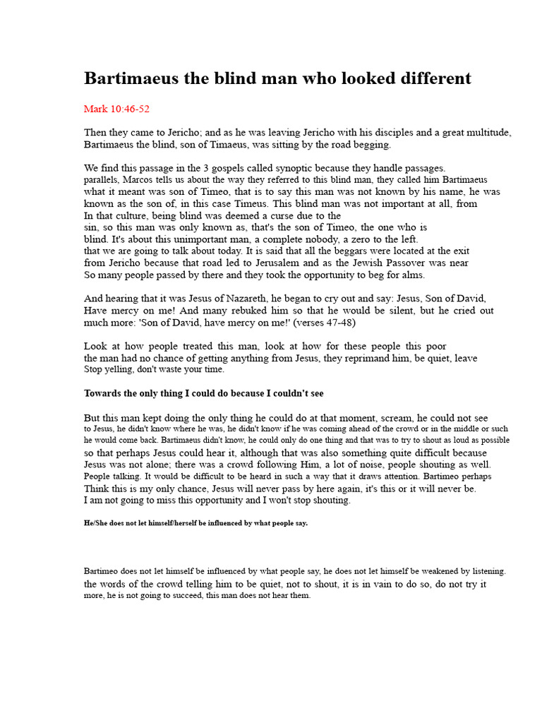 Bartimaeus The Blind Man Who Looked Differently | PDF | New Testament ...