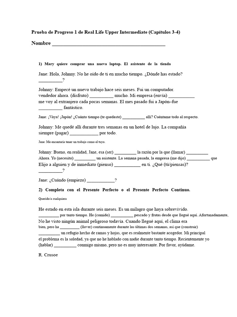 Prueba de Progreso 1 de Real Life Upper Intermediate | PDF