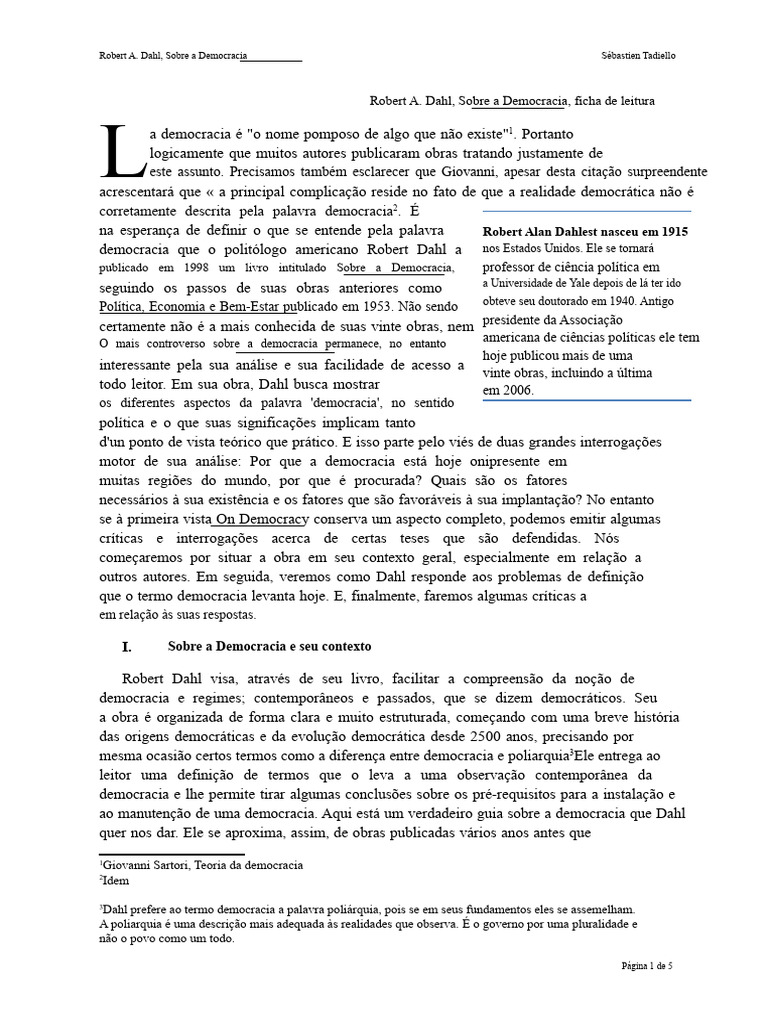 Ficha de leitura. Robert A Dahl, Sobre a Democracia | PDF | Democracia | Ideologias Políticas