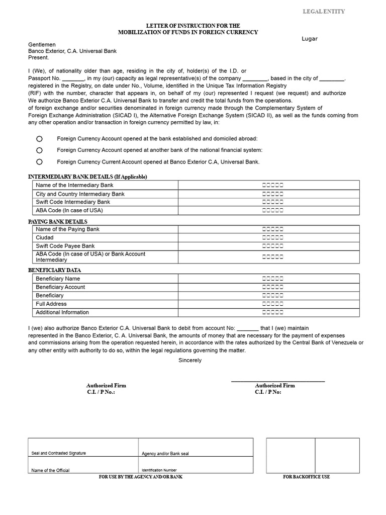 Fund Mobilization Letter for Legal Entities | PDF | Banking | Money