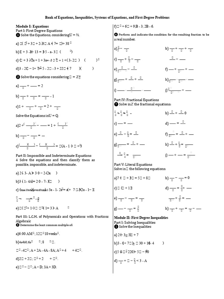 Bank of Equations, Inequalities, Systems of Equations, and First Degree ...