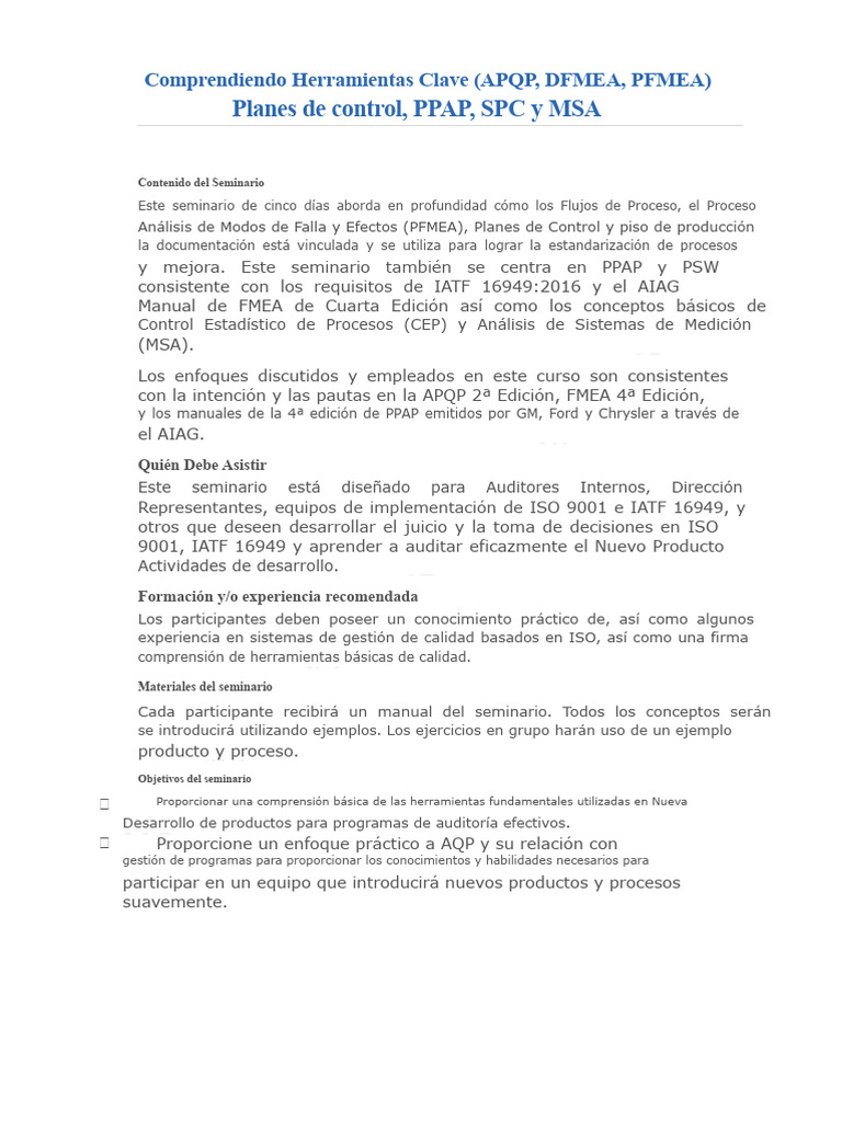 Herramientas Principales (Apqp, Dfmea, Pfmea, Planes de Control, Ppap ...
