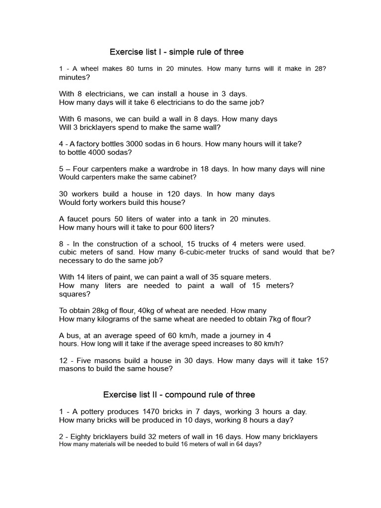 Exercises On Simple and Compound Rule of Three | PDF | Litre | Speed