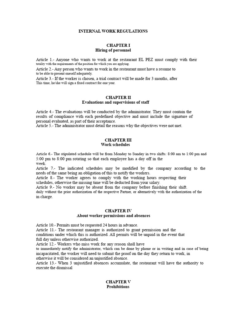 Internal Work Regulations for EL PEZ | PDF | Employment | Restaurants