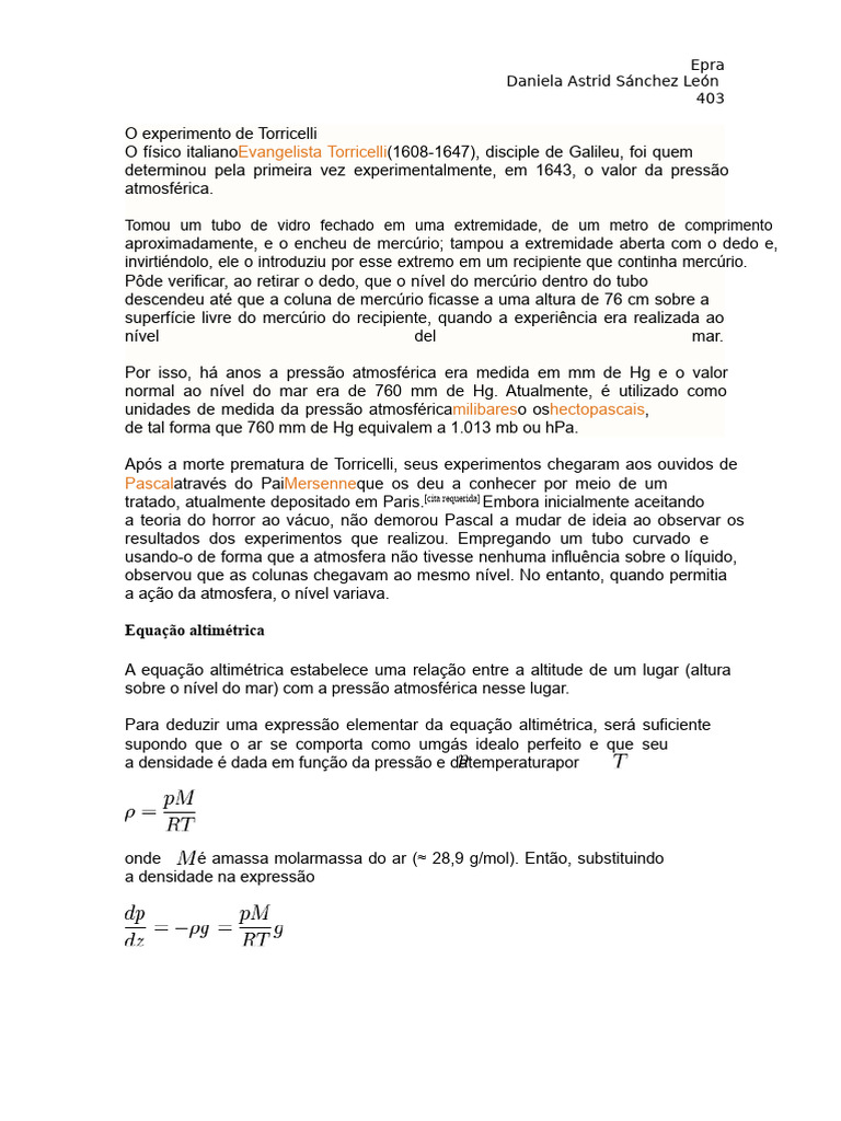 O Experimento de Torricelli | PDF | Pressão | Pressão atmosférica