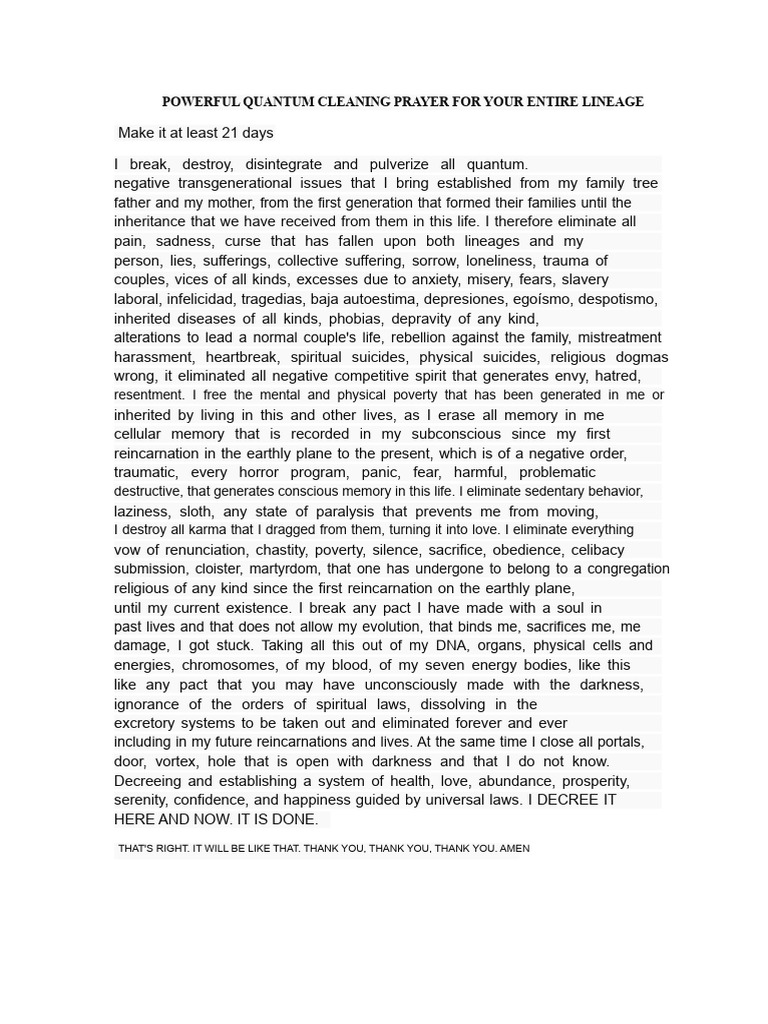 Quantum Cleaning Prayer for Lineage Healing | PDF | Fear | Psychology