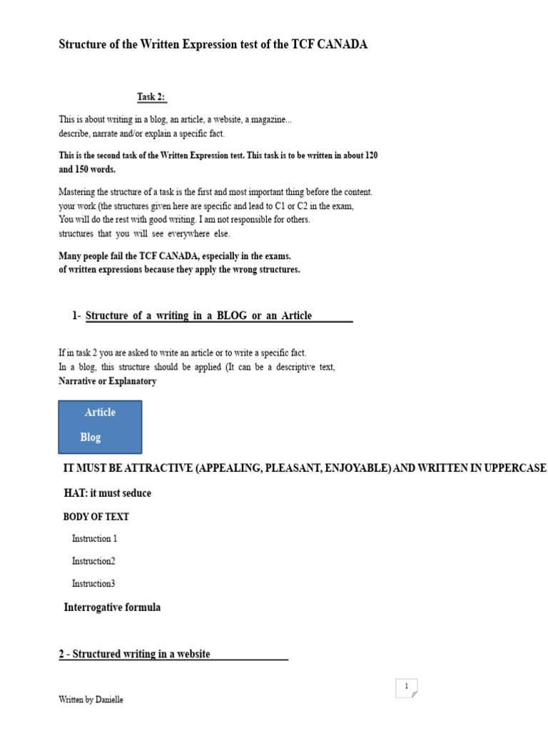 TCF Canada Writing Task Structures | PDF