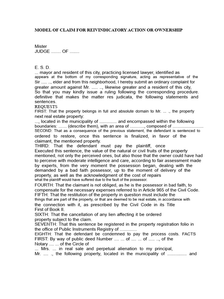 Model of Claim For Recovery Action or Ownership | PDF | Property ...