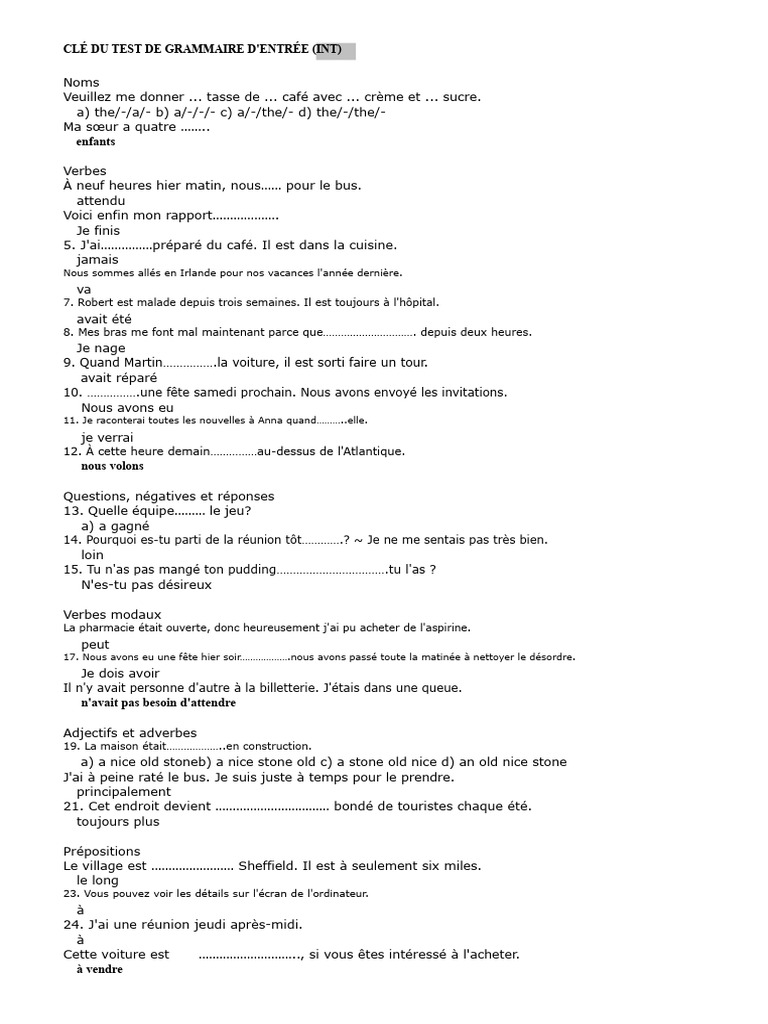 Test de Grammaire D'entrée (Intermédiaire) | PDF | Verbe | Linguistique