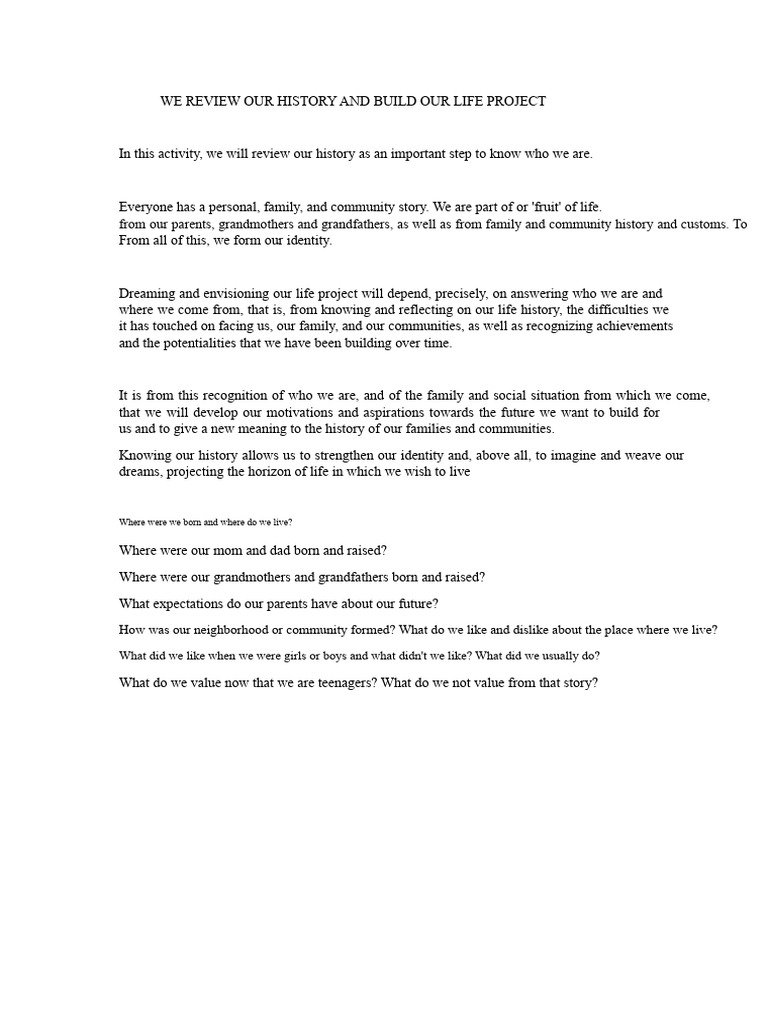 WE REVIEW OUR HISTORY AND BUILD OUR LIFE PROJECT | PDF