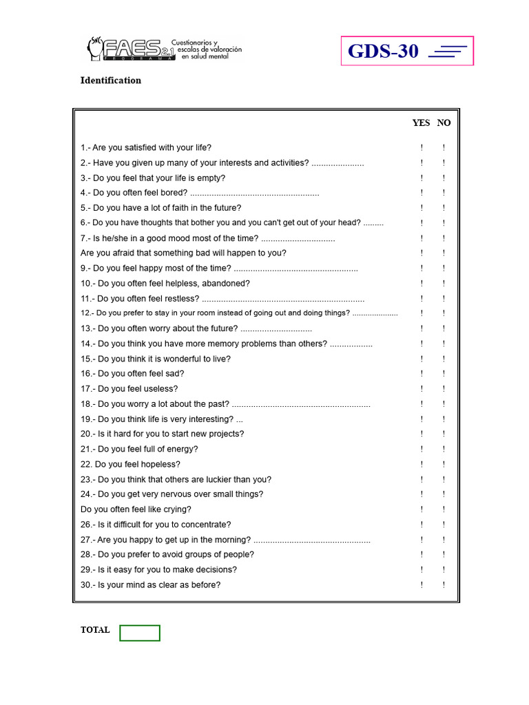 Test - Yesavage Geriatric Depression Scale (30 Items) (1).pdf | PDF ...