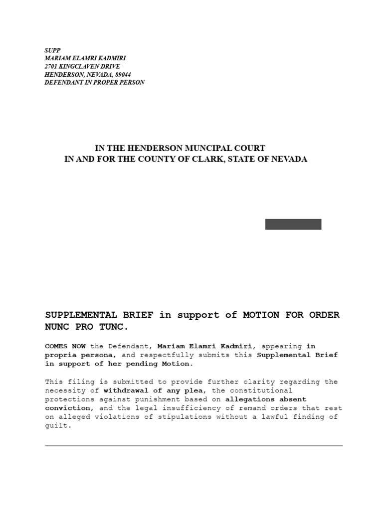 Supplemental Brief for Nunc Pro Tunc Order | PDF | Strickland V ...