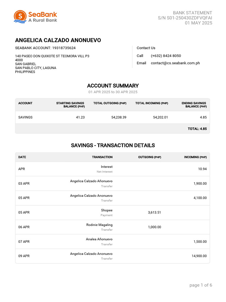 SeaBank April 2025 Account Statement | PDF | Annual Percentage Rate ...