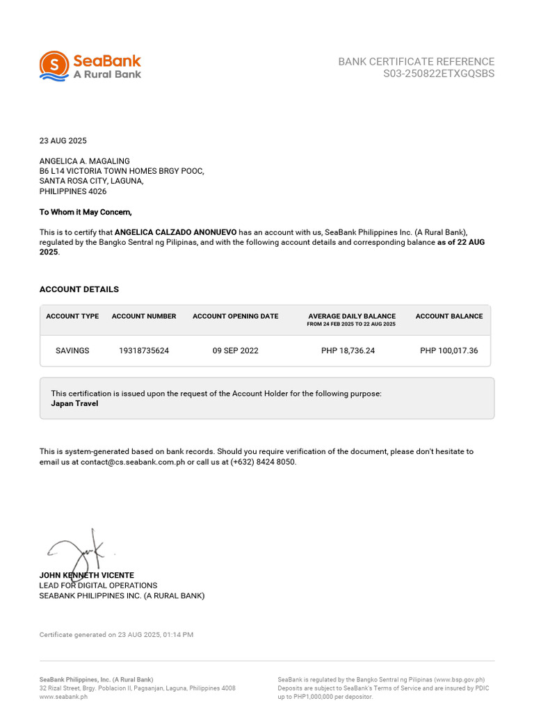 SeaBank Account Certification Sample | PDF