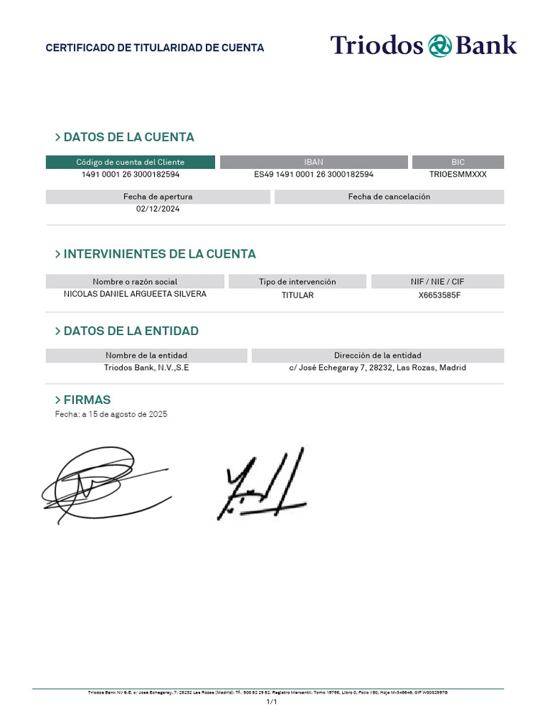 Certificado de Titularidad de Cuenta Triodos | PDF