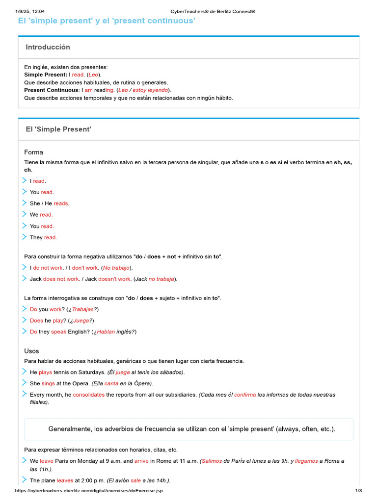 Uso del Simple Present y Present Continuous | PDF | Sintaxis | Gramática