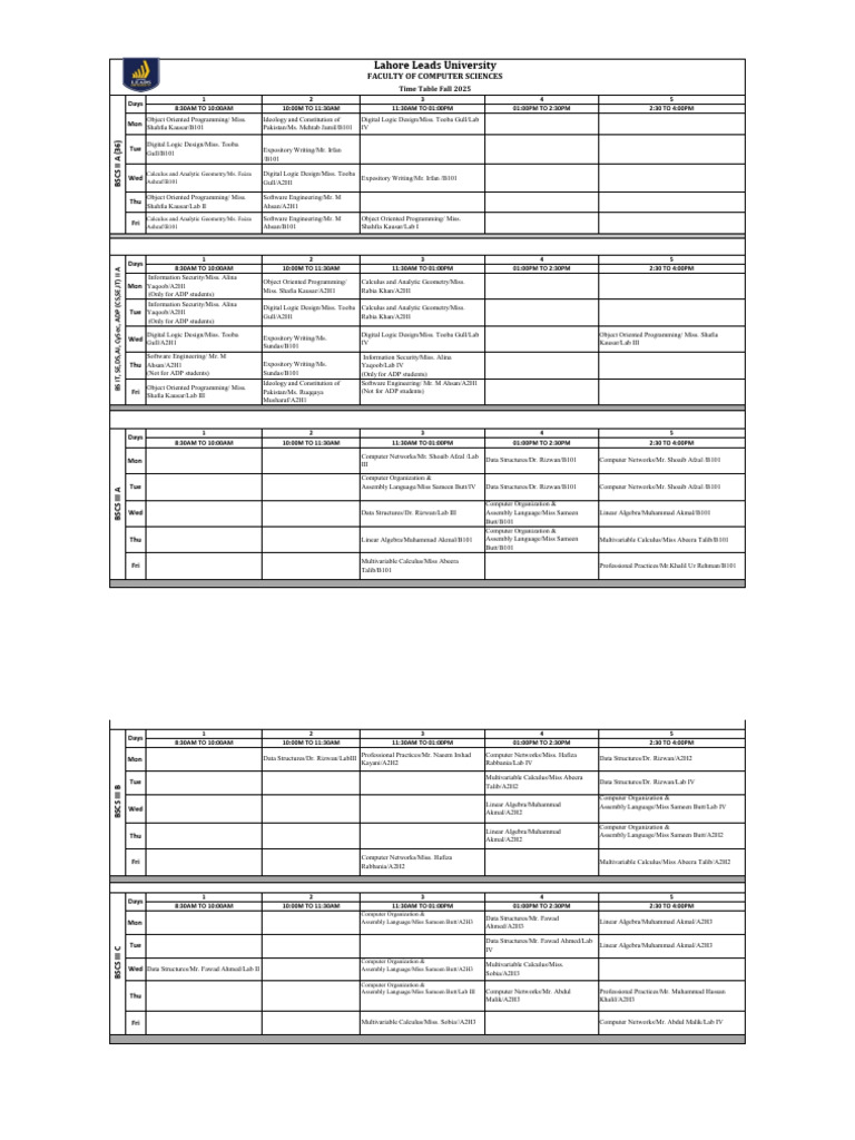 Time Table Fall 2025.v.4 | PDF | Computer Science | Information Technology