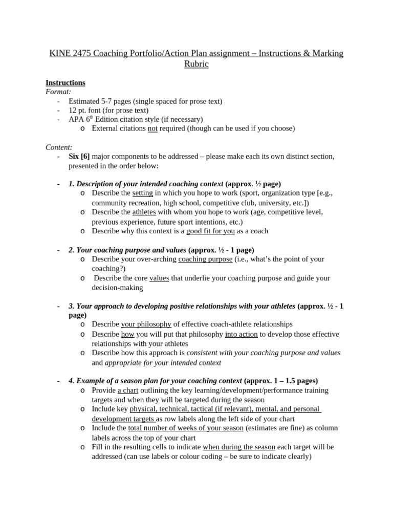 KINE 2475 - Coaching Portfolio-Action Plan Assignment - Instructions Marking Rubric | PDF ...