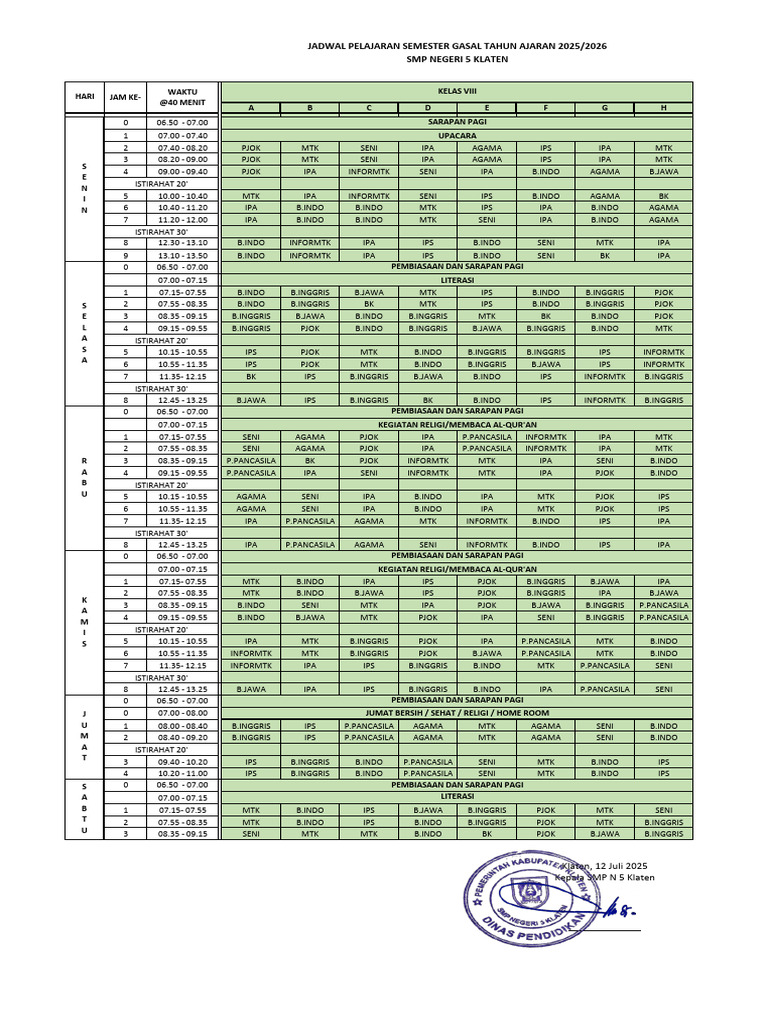 Kelas 8 - Jadwal Pelajaran Sem Gasal 2025 2026 | PDF