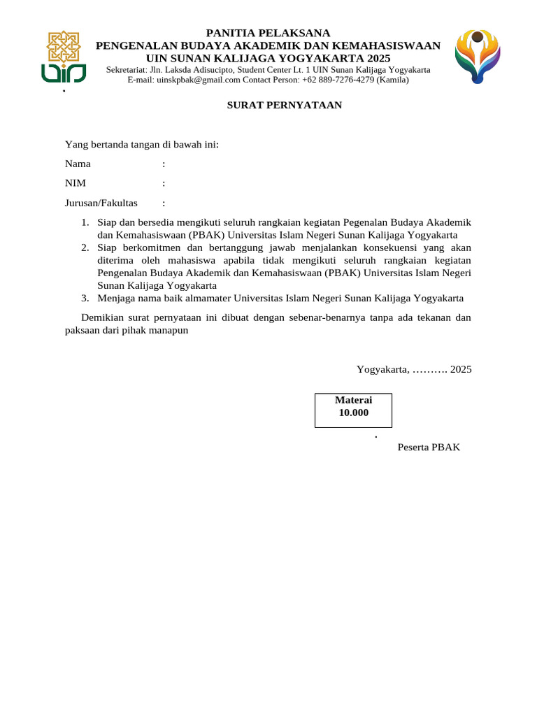 Surat Pernyataan PBAK UIN Sunan Kalijaga Tahun 2025 | PDF