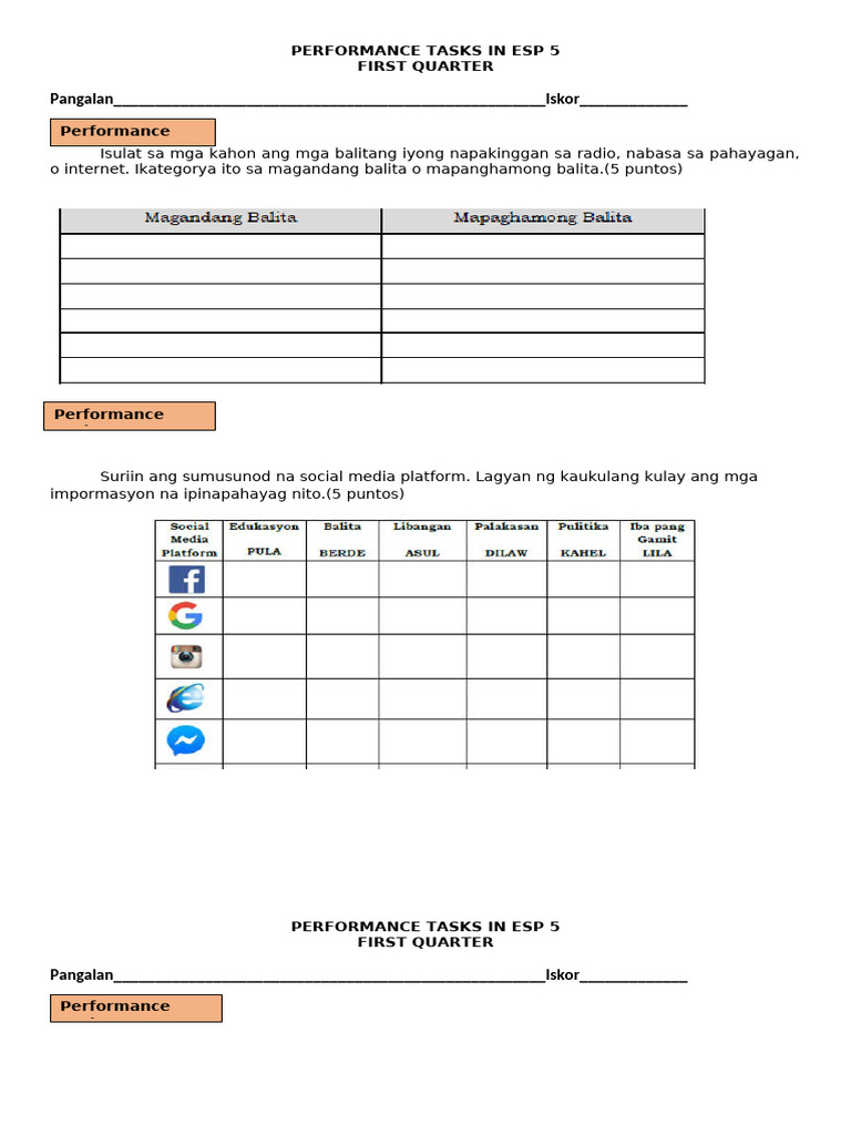 1st QTR Performance Tasks | PDF