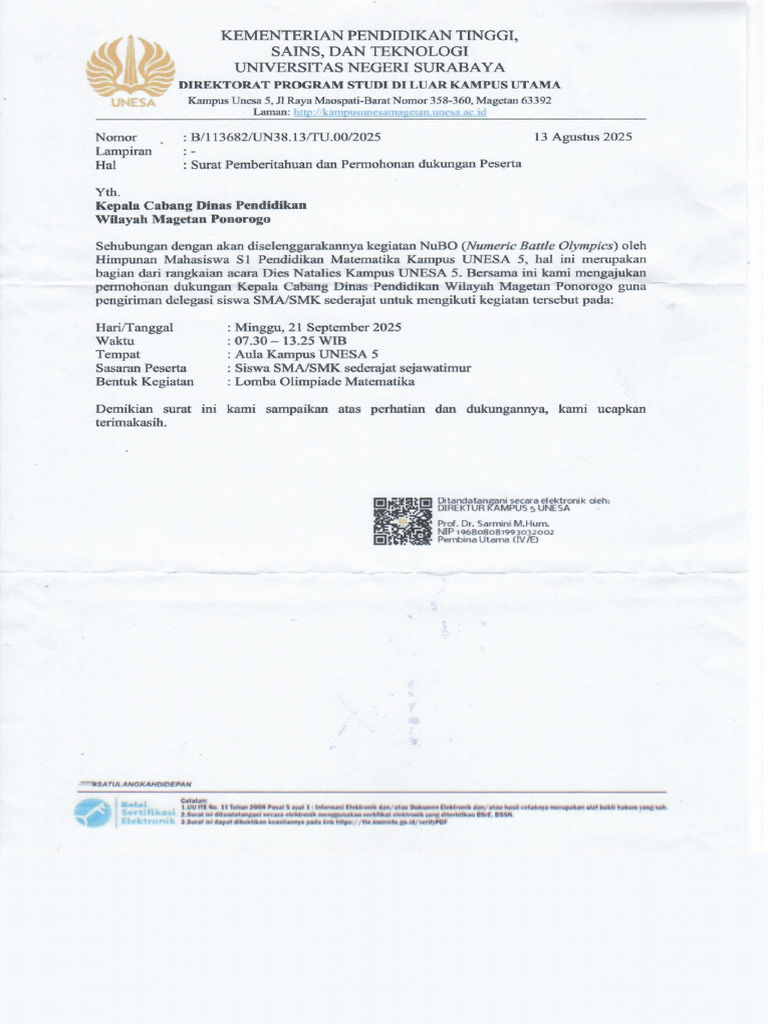 Unesa - Surat Pemberitahuan Dan Permohonan Dukungan Peserta | PDF