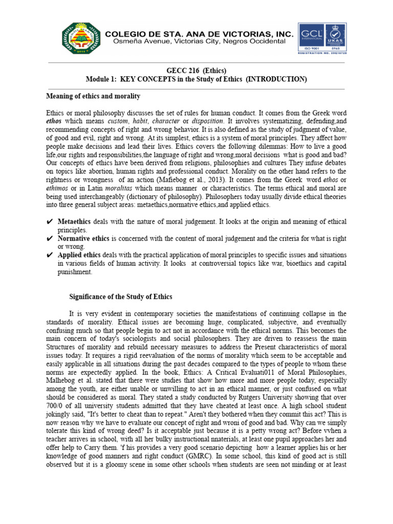 Mod1 Gecc 216 Ethics | PDF | Morality