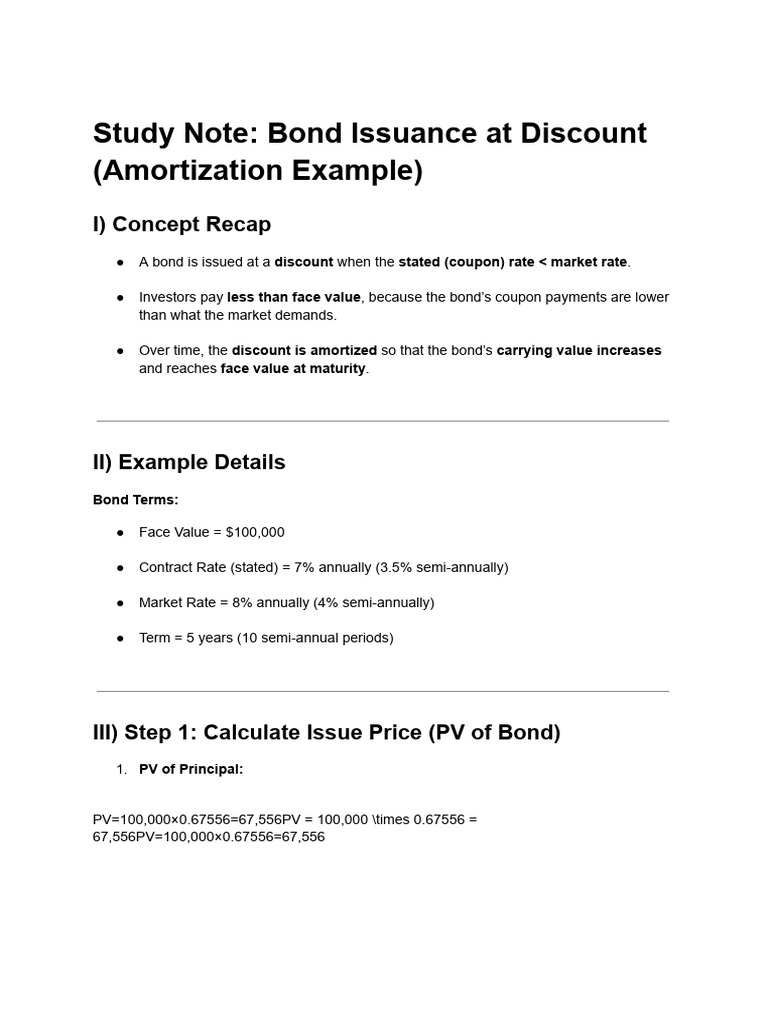 Study Note - Bond Issuance at Discount (Amortization Example) | PDF ...