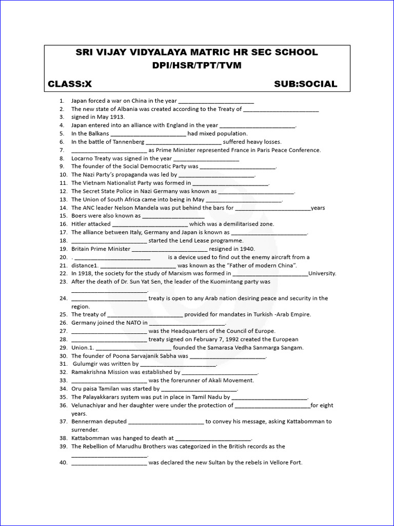 10th Grade Social Studies One Mark Qs | PDF